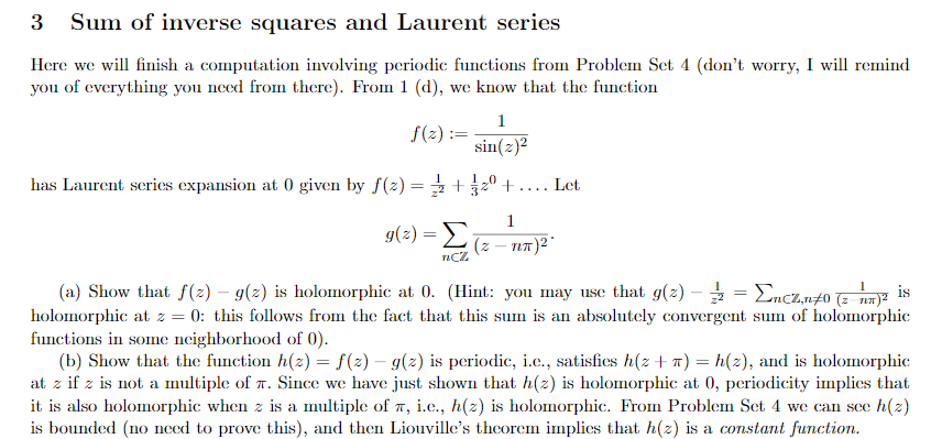 Solved 3 Sum of inverse squares and Laurent series Here we | Chegg.com