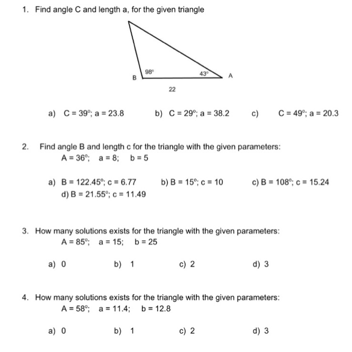 Solved 1. Find angle C and length a, for the given triangle | Chegg.com