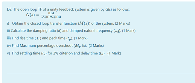 Solved 0.04 D2. The open loop TF of a unity feedback system | Chegg.com