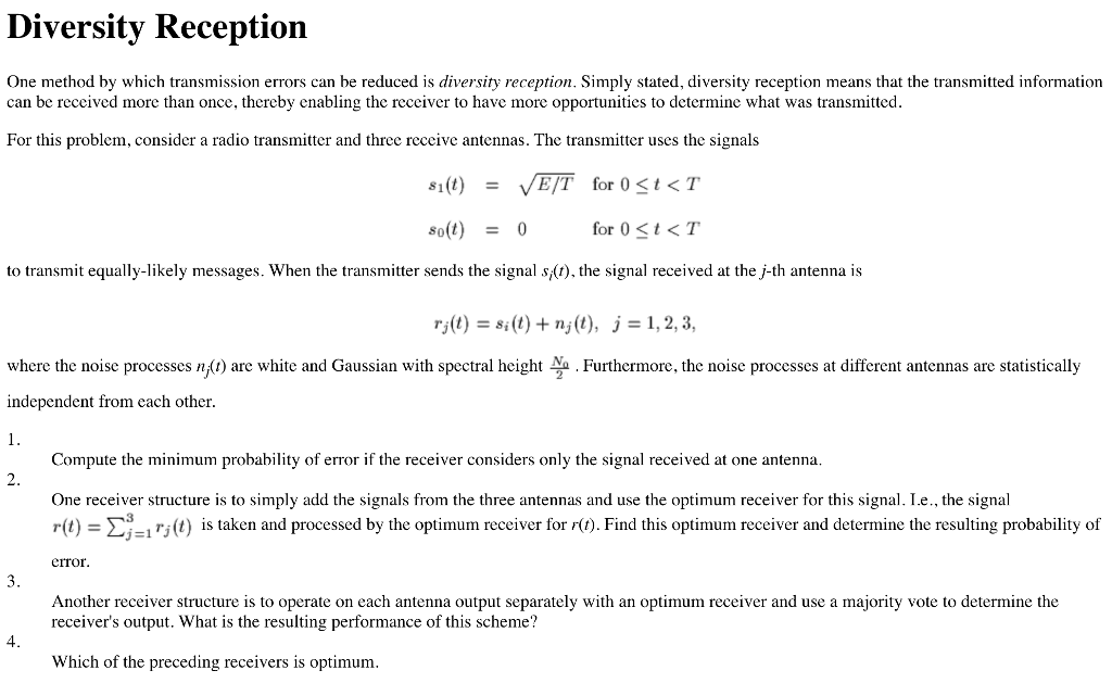 Diversity Reception One method by which transmission | Chegg.com