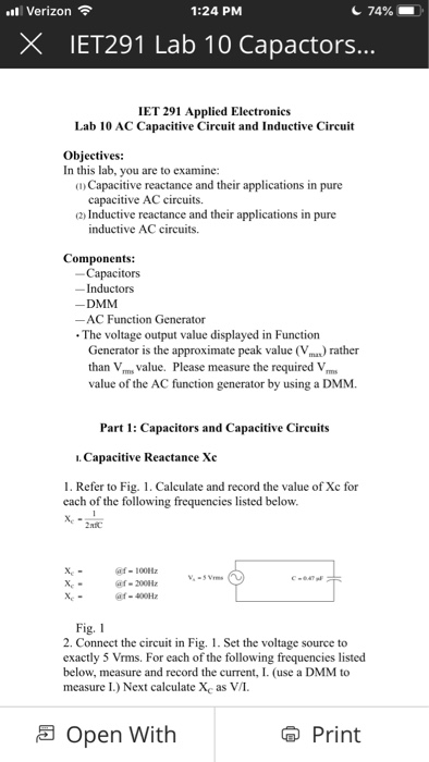 Solved Verizon 1:24 PM IET291 Lab 10 Capactors IET 291 | Chegg.com