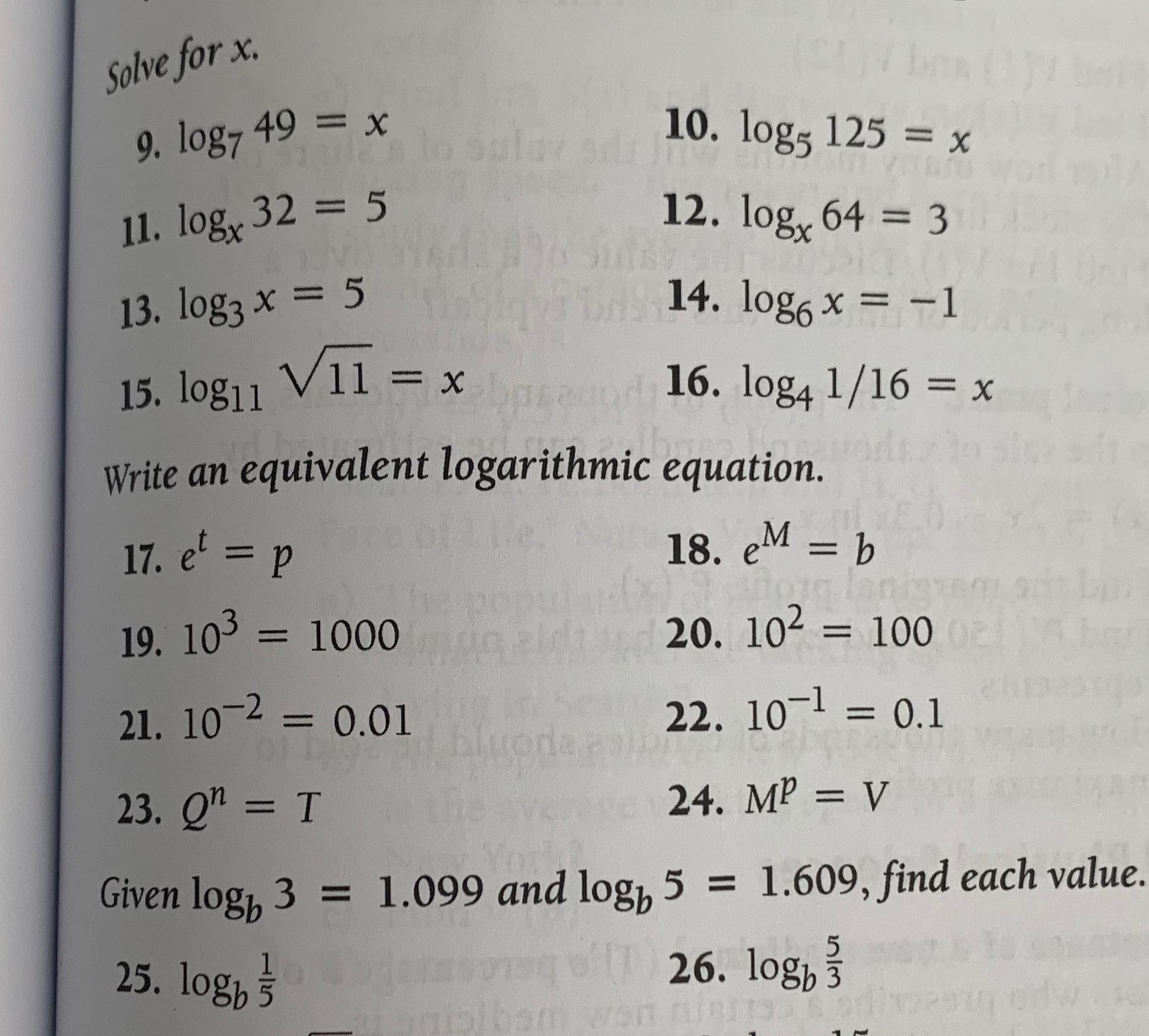 Solved Solve for x. (Question 15) Given log b 3=1.099 and | Chegg.com