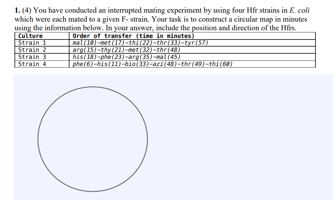 Solved 1. (4) You have conducted an interrupted mating | Chegg.com
