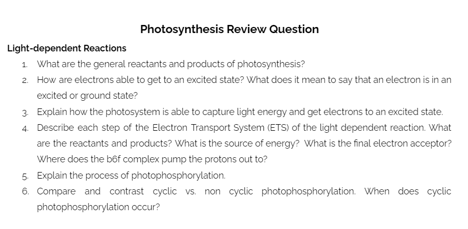 Solved Photosynthesis Review Question Light-dependent | Chegg.com