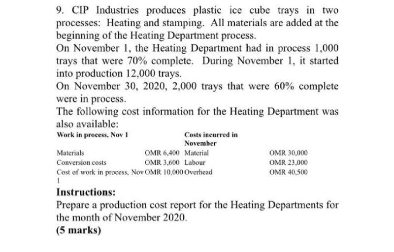 Solved 9. CIP Industries produces plastic ice cube trays in | Chegg.com
