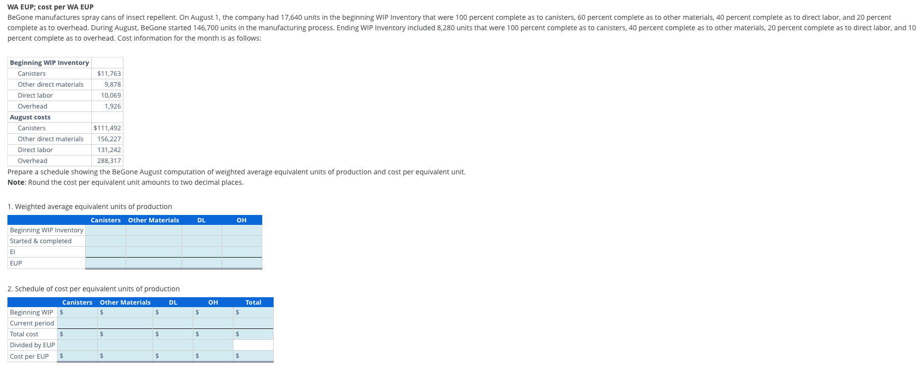 Solved WA EUP; cost per WA EUP percent complete as to | Chegg.com
