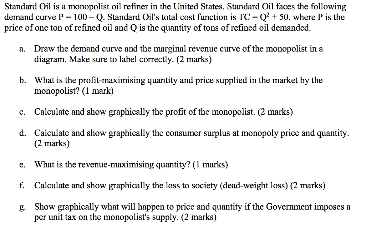 Solved Standard Oil is a monopolist oil refiner in the | Chegg.com