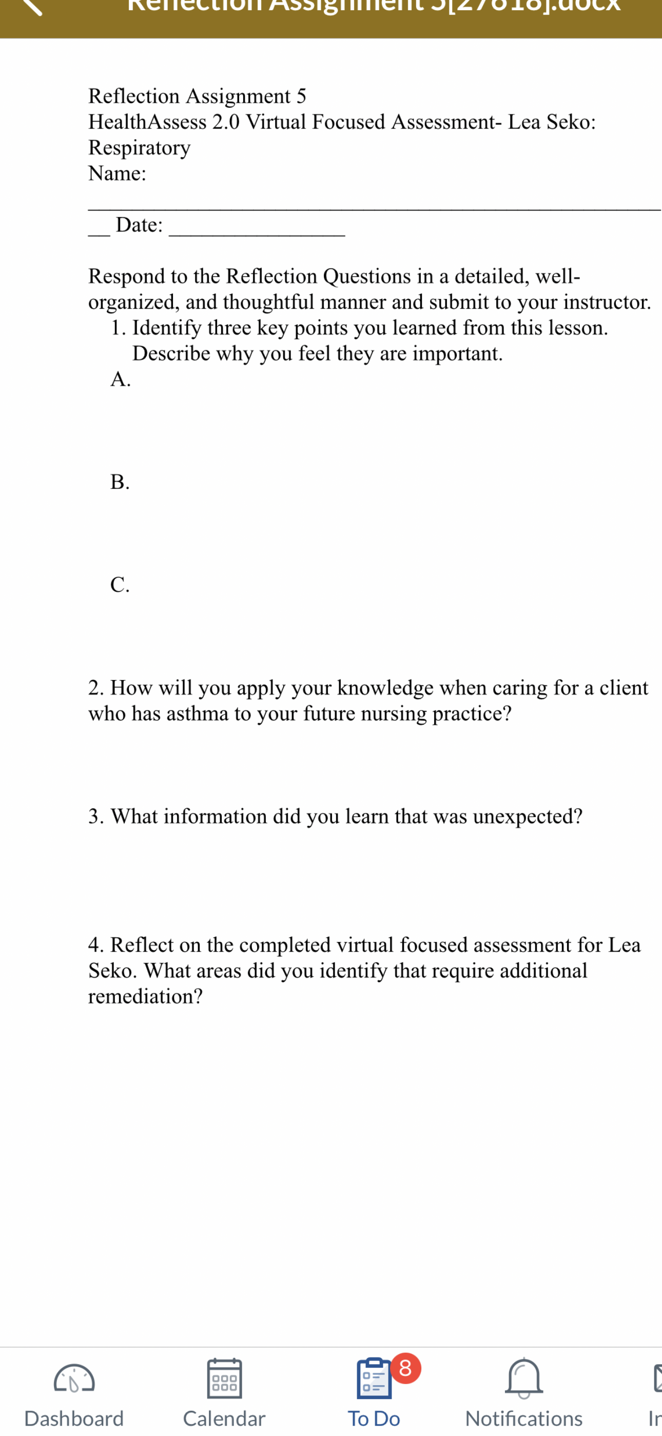 Solved Reflection Assignment 5 HealthAssess 2.0 Virtual | Chegg.com