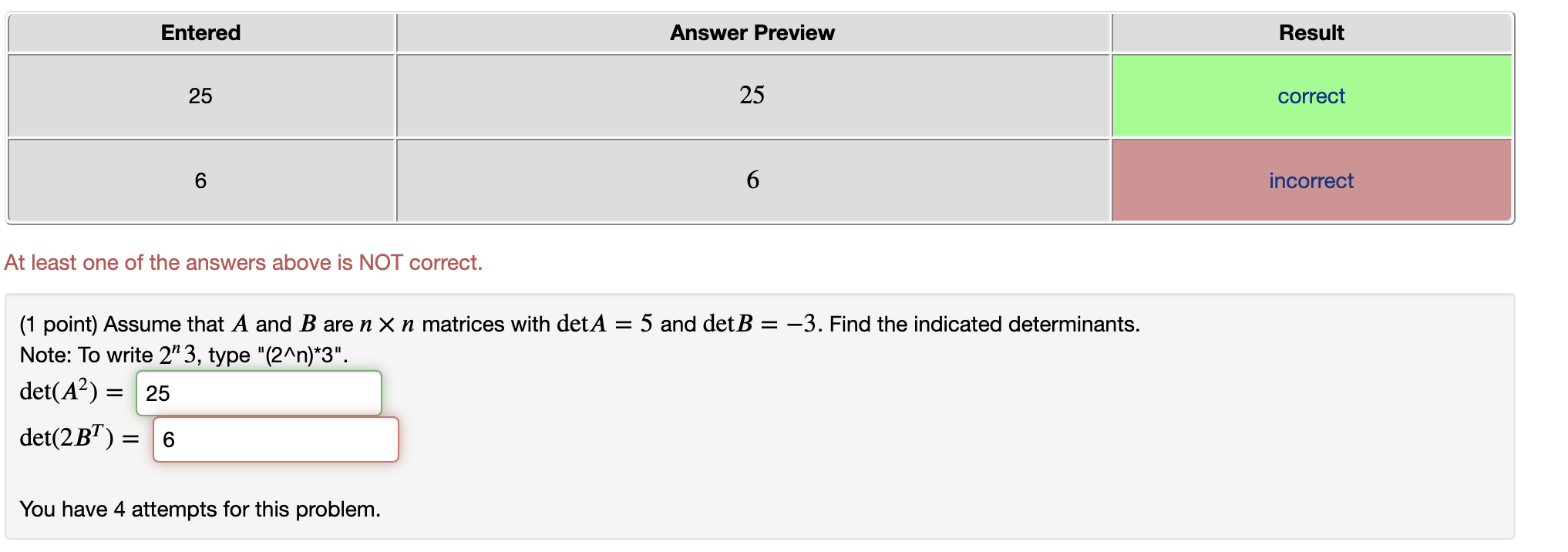 Solved Entered Answer Preview Result 25 25 correct 6 6 | Chegg.com