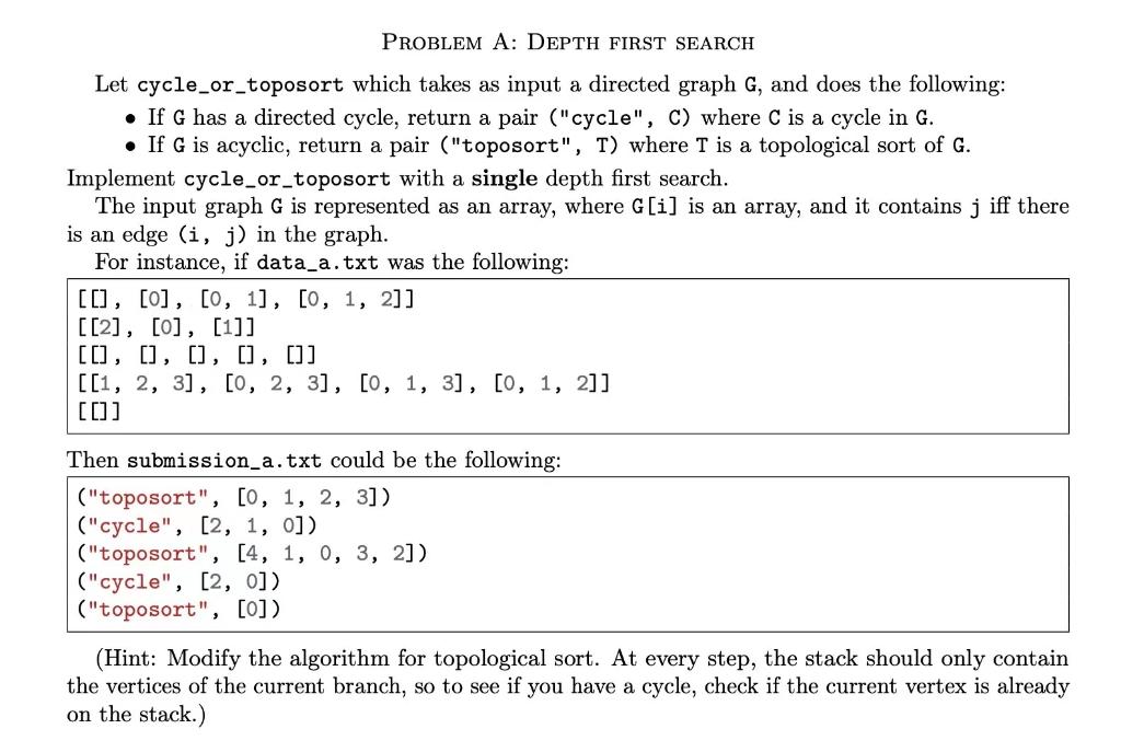 Solved Problem A: DePth FIRST SEARCH Let cycle_or_toposort | Chegg.com