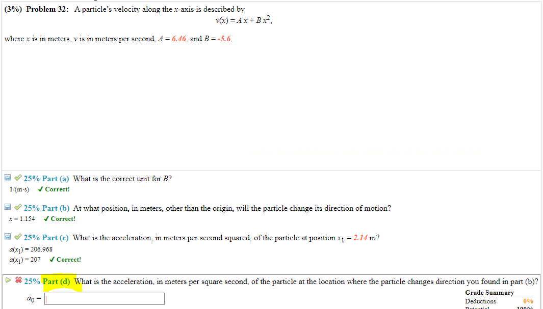 Solved (3%) Problem 32: A particle's velocity along the | Chegg.com