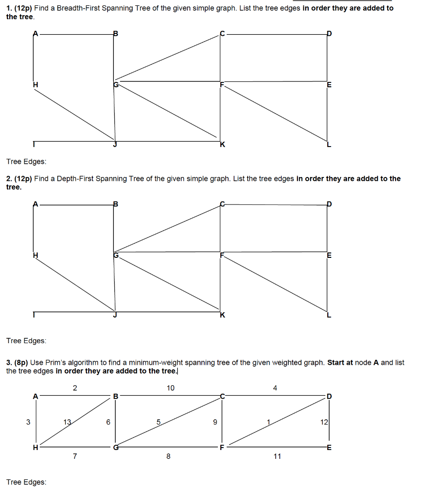 Solved 1. (12p) Find a Breadth-First Spanning Tree of the | Chegg.com