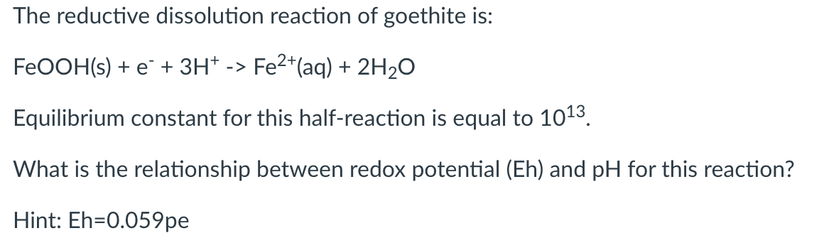 [Solved]: The reductive dissolution reaction of goethite is