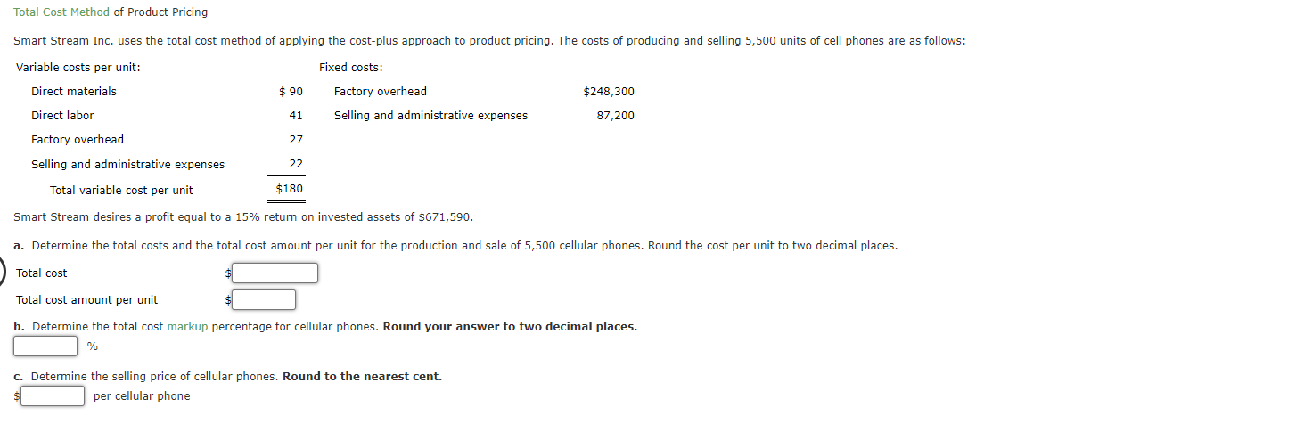 Solved Total Cost Method of Product Pricing Smart Stream | Chegg.com