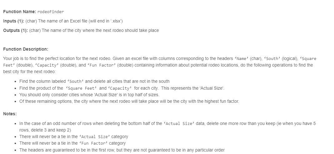 Solved Function Name: rodeoFinder Inputs (1): (char) The | Chegg.com