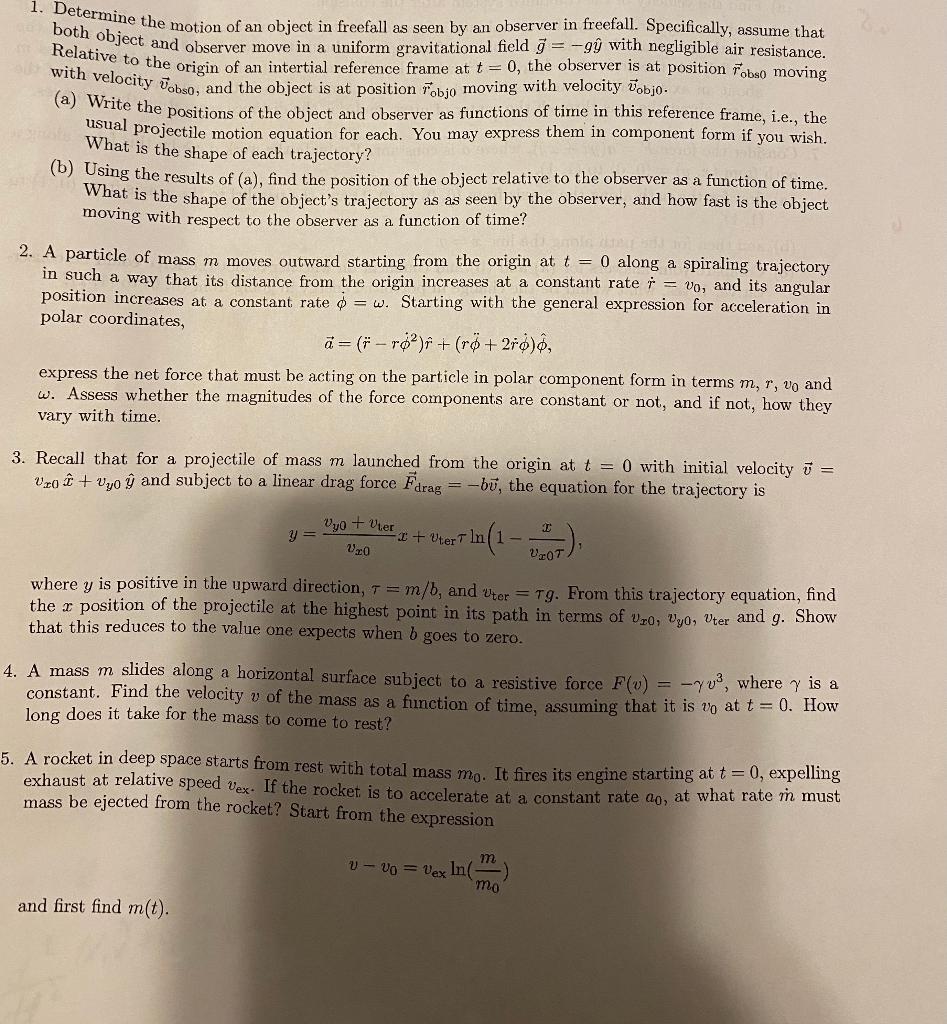 Solved 1. Determine the motion of an object in freefall as | Chegg.com