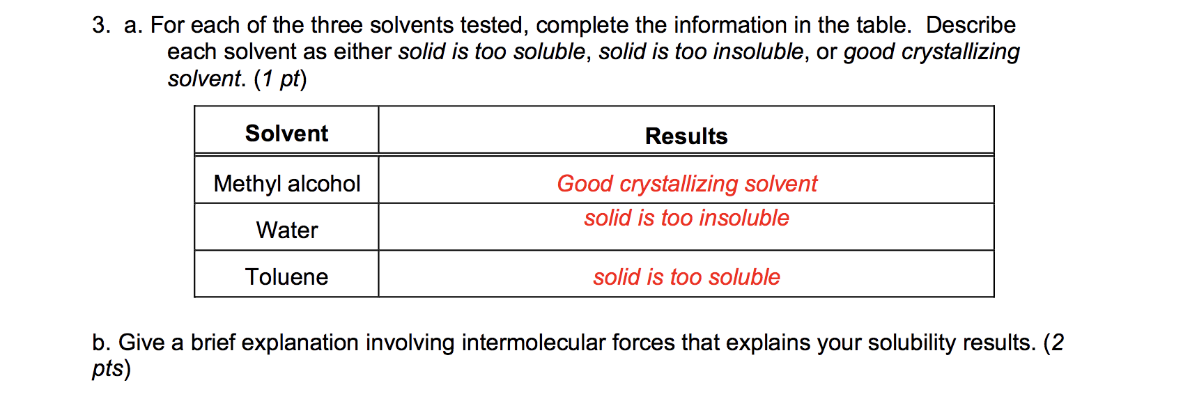 Solved 3. a. For each of the three solvents tested, complete | Chegg.com