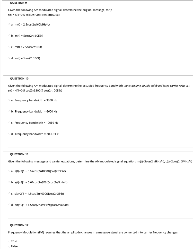 Solved QUESTION 9 Given the following AM modulated signal, | Chegg.com