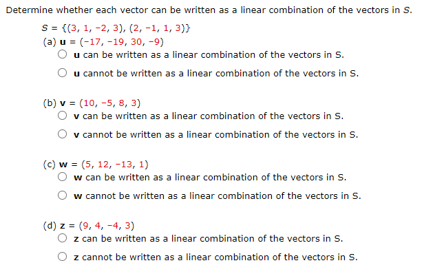 Solved Determine whether each vector can be written as a | Chegg.com
