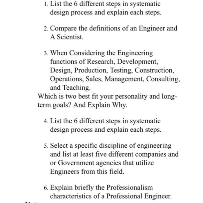 Solved 1. List the 6 different steps in systematic design | Chegg.com