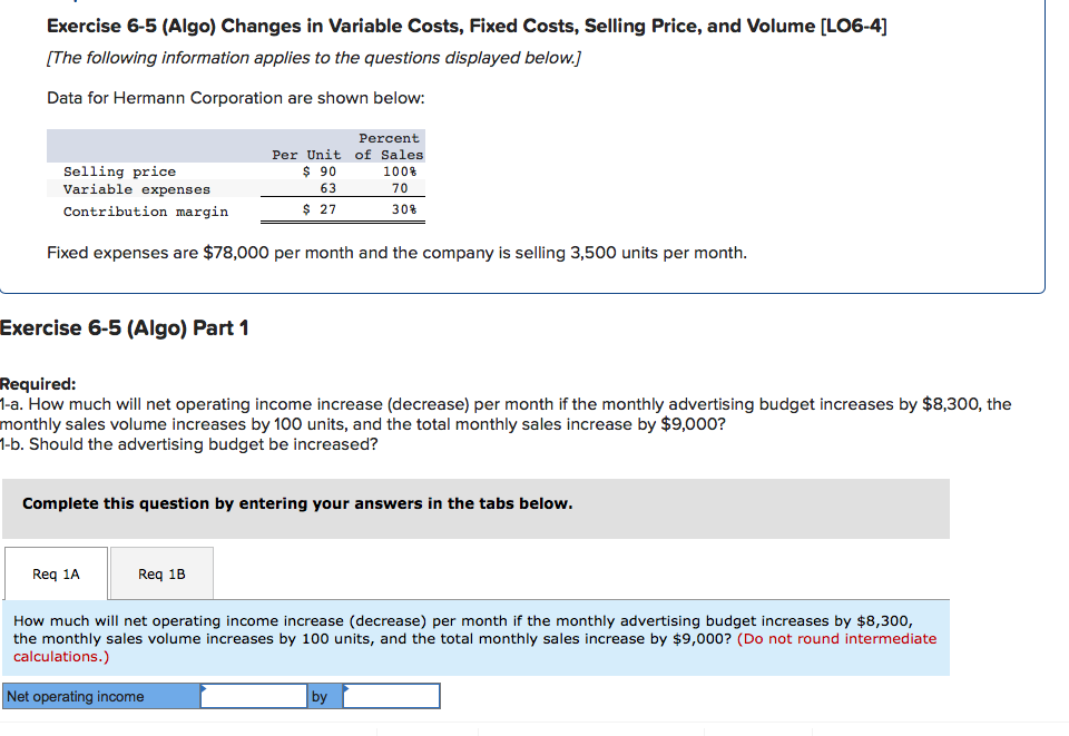 Solved Exercise 6-5 (Algo) Changes in Variable Costs, Fixed | Chegg.com