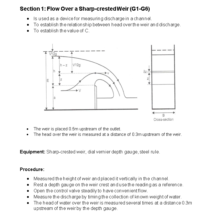 Solved Section 1: Flow Over a Sharp-crested Weir (G1-G6) • | Chegg.com