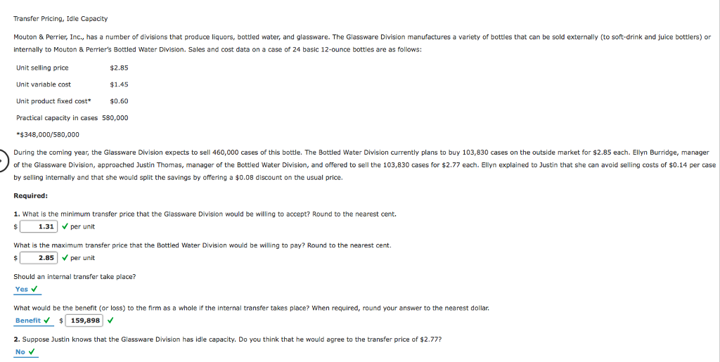 Solved Transfer Pricing, Idle Capacity Mouton & Perrier, | Chegg.com