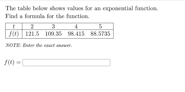 Solved The table below shows values for an exponential | Chegg.com