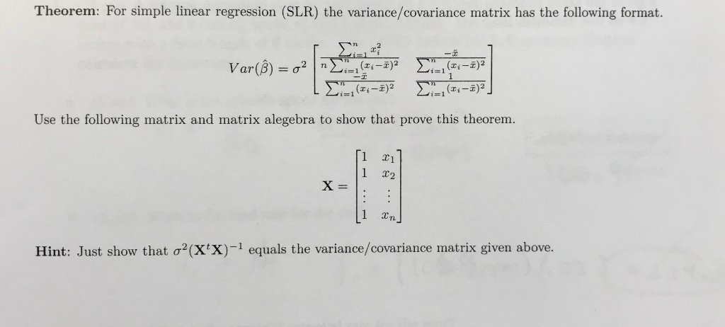 Solved Theorem: For simple linear regression (SLR) the | Chegg.com