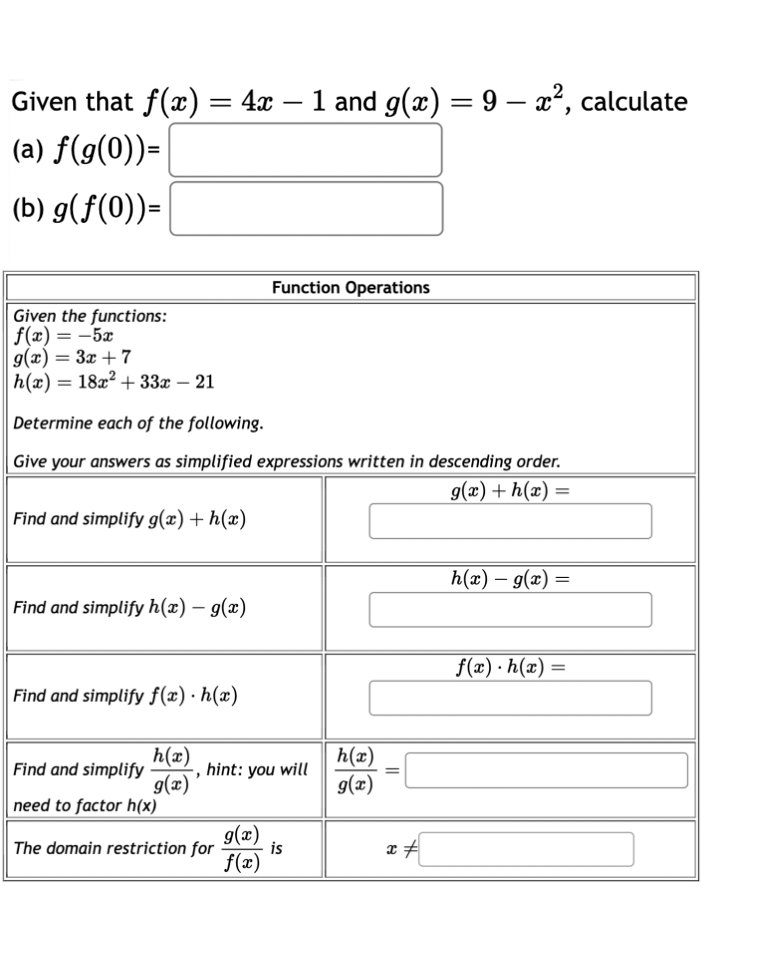Solved Given that f(x)=4x−1 and g(x)=9−x2, calculate (a) | Chegg.com