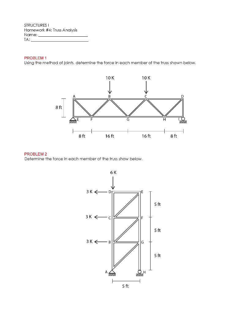 Solved STRUCTURES Homework #4: Truss Analysis Name: TA: _ | Chegg.com