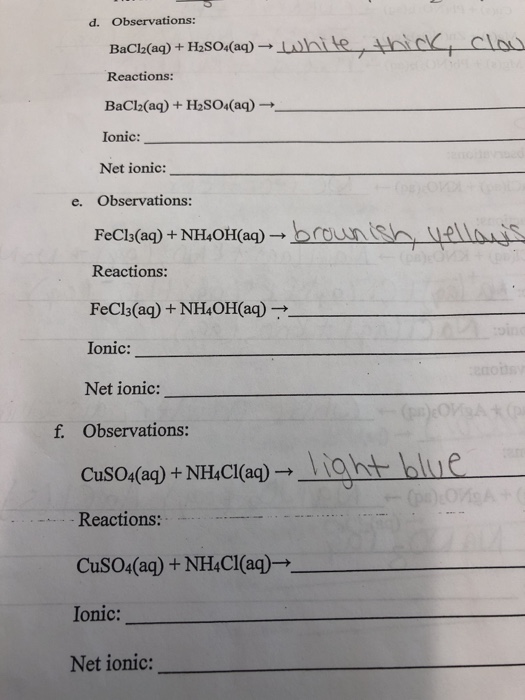 Solved d. Observations: Reactions: Bacl2(aq) + H2SO4(aq) ? | Chegg.com