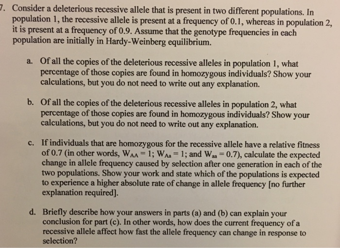 Solved Consider a deleterious recessive allele that is | Chegg.com