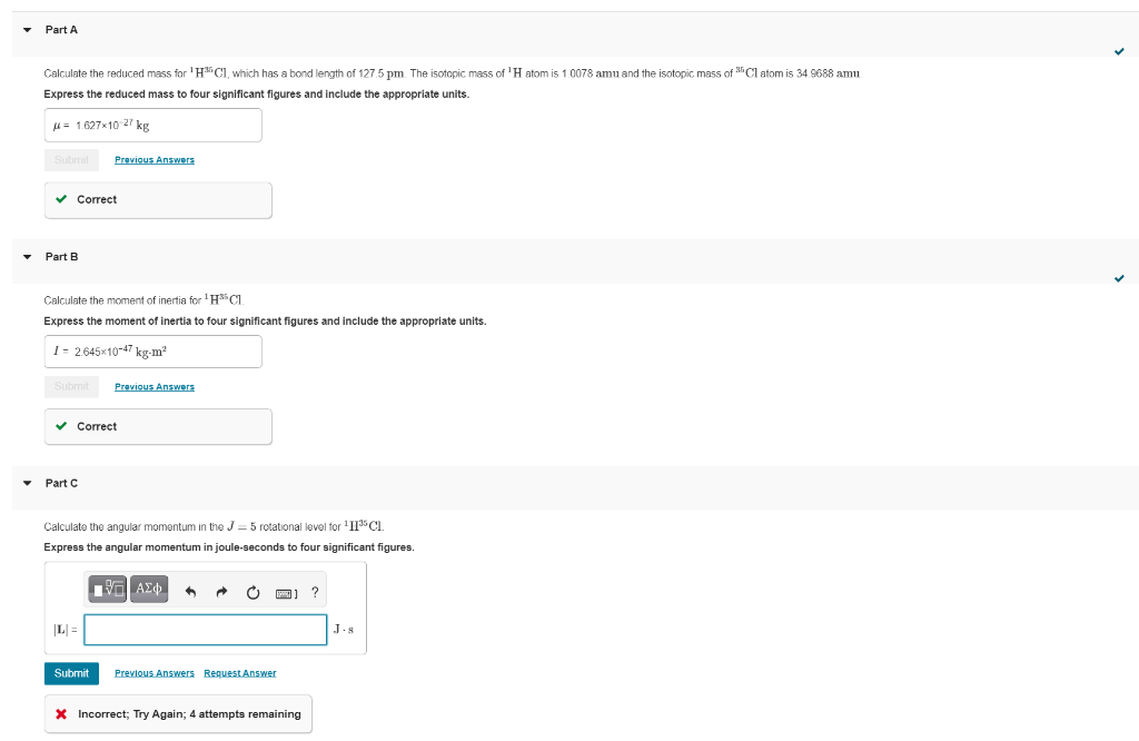 Solved Part A Calculate the reduced mass for 'CI, which has | Chegg.com