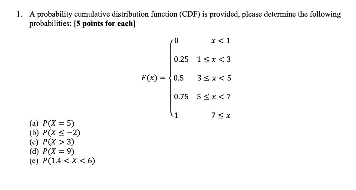 Solved 1. A probability cumulative distribution function | Chegg.com