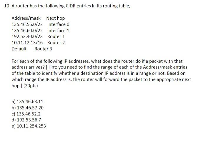 Solved 10. A router has the following CIDR entries in its | Chegg.com