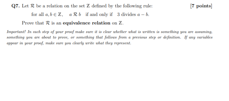Solved Q7. Let R be a relation on the set Z defined by the | Chegg.com
