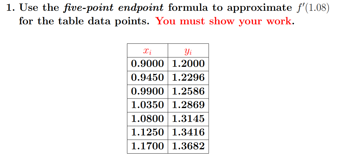 Solved 1. Use the five-point endpoint formula to approximate | Chegg.com