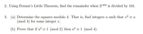 Solved 2. Using Fermat's Little Theorem, find the remainder | Chegg.com