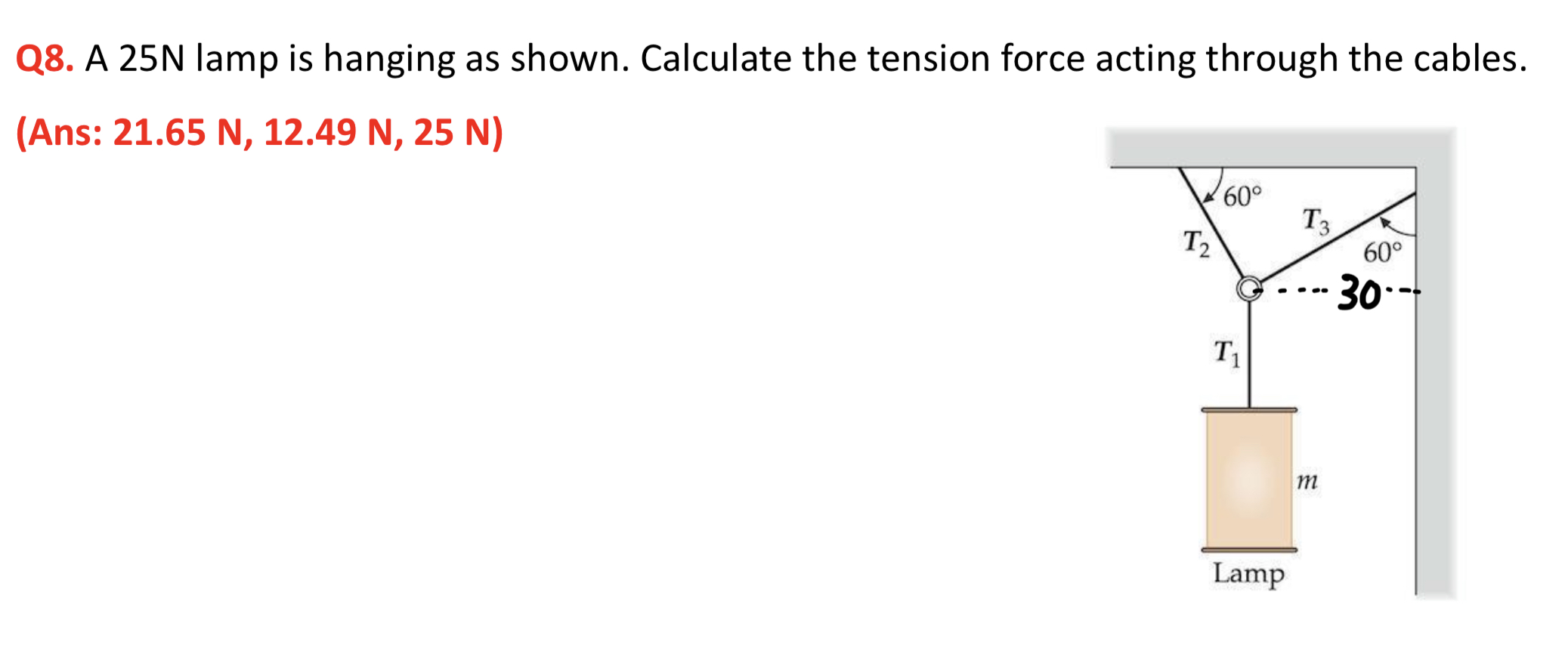 Solved Q8. ﻿A 25N ﻿lamp is hanging as shown. Calculate the | Chegg.com