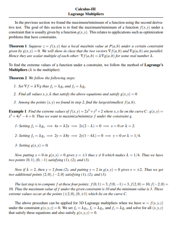 Solved Calculus-III Lagrange Multipliers In the previous | Chegg.com