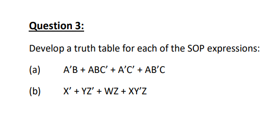 Solved Question 3: Develop a truth table for each of the SOP | Chegg.com