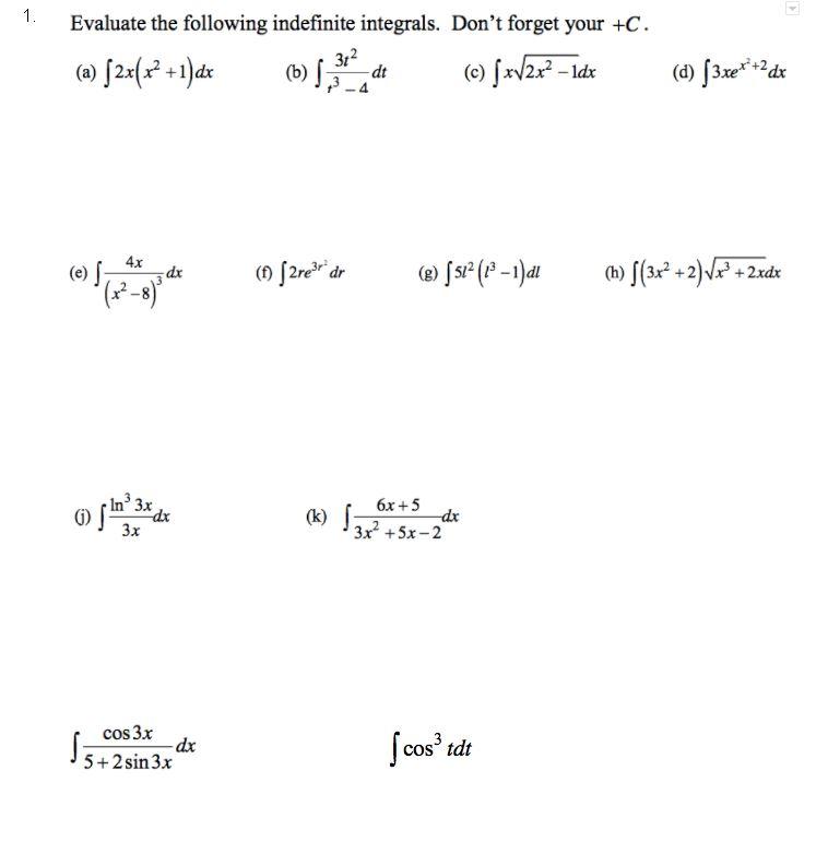Solved 1. Evaluate the following indefinite integrals. Don't | Chegg.com