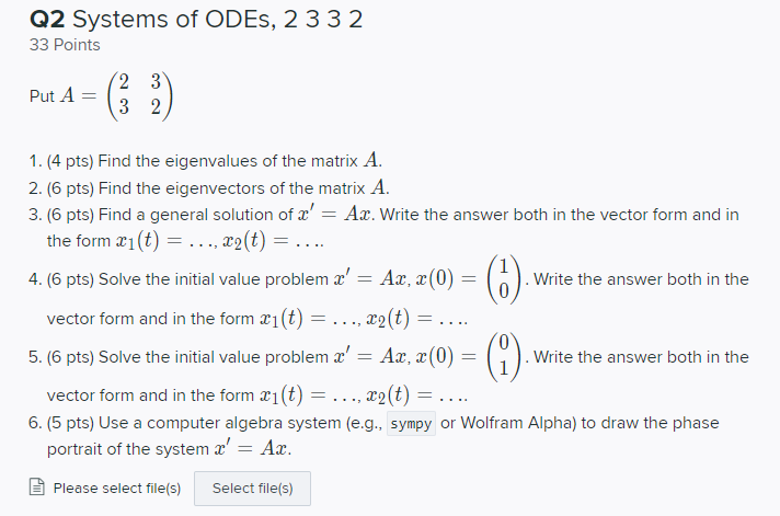 Solved Q2 Systems of ODEs, 2332 33 Points Put A=(2332) 1. (4 | Chegg.com
