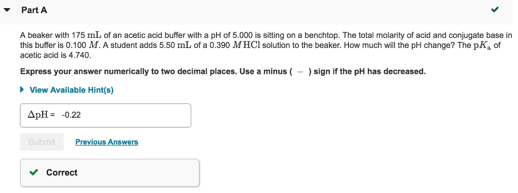 Solved Part A A beaker with 175 mL of an acetic acid buffer | Chegg.com