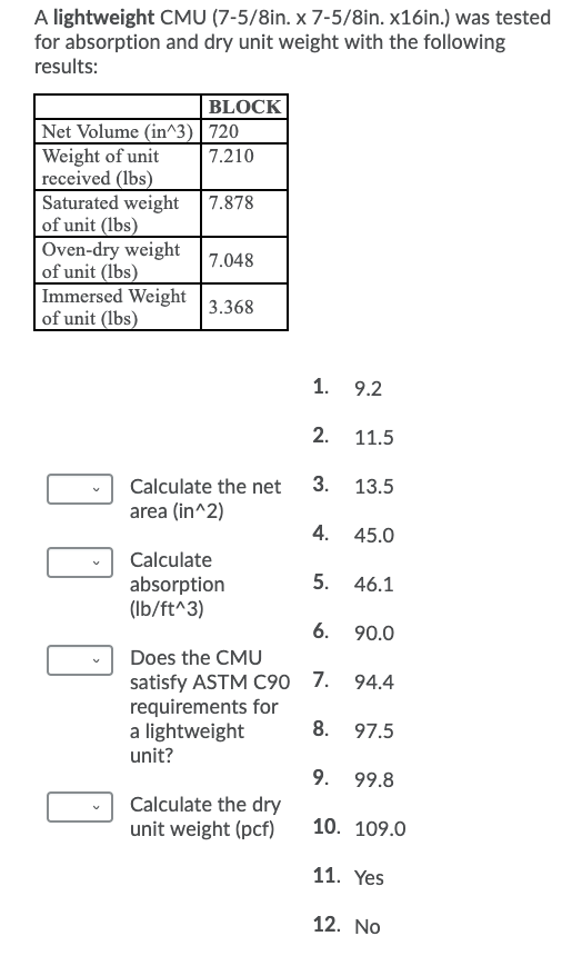 Solved A lightweight CMU (7-5/8in. × 7-5/8in. x16in.) was | Chegg.com