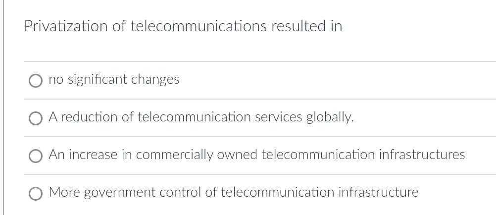 Solved Privatization of telecommunications resulted in no | Chegg.com