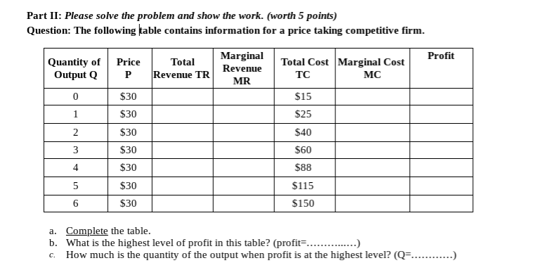 Solved Part II: Please solve the problem and show the work. | Chegg.com