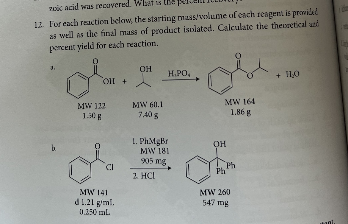 Solved 12. For each reaction below, the starting mass/volume | Chegg.com