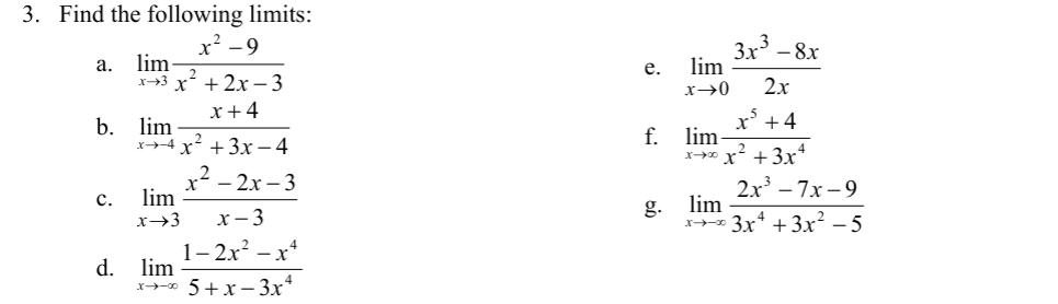 Solved 3. Find the following limits: a. limx→3x2+2x−3x2−9 e. | Chegg.com